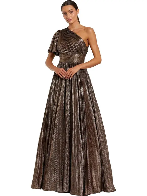 Mac Duggal One-shoulder Pleated Metallic Ball Gown - Bronze