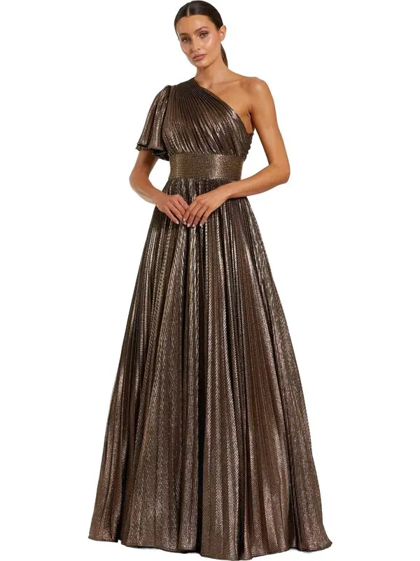 Mac Duggal One-shoulder Pleated Metallic Ball Gown - Bronze