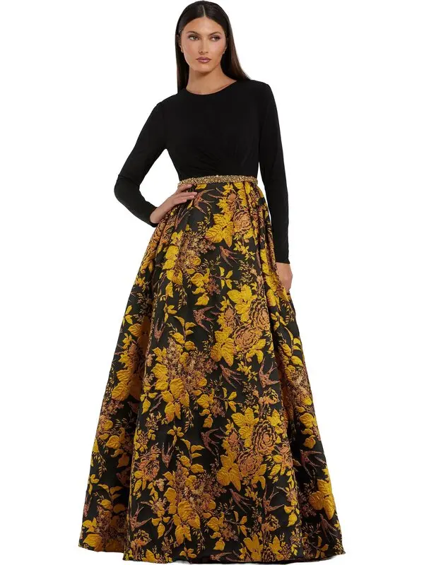 Mac Duggal Floral Brocade Ball Gown - Black Gold