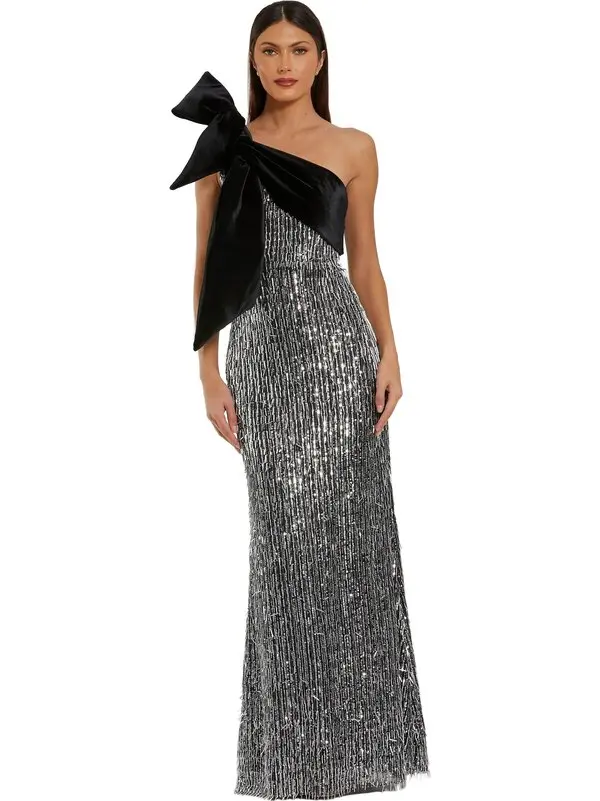 Mac Duggal One Shoulder Embellished Trumpet Gown With Velvet Bow - Black Silver