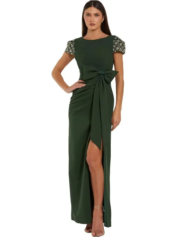 Mac Duggal Beaded Cap Sleeve Crepe Gown With Bow And Slit - Forest Green