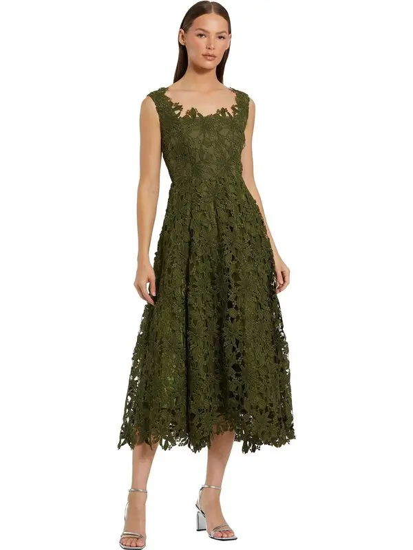 Mac Duggal Embroidered Lace A-line Midi Dress - Army Green