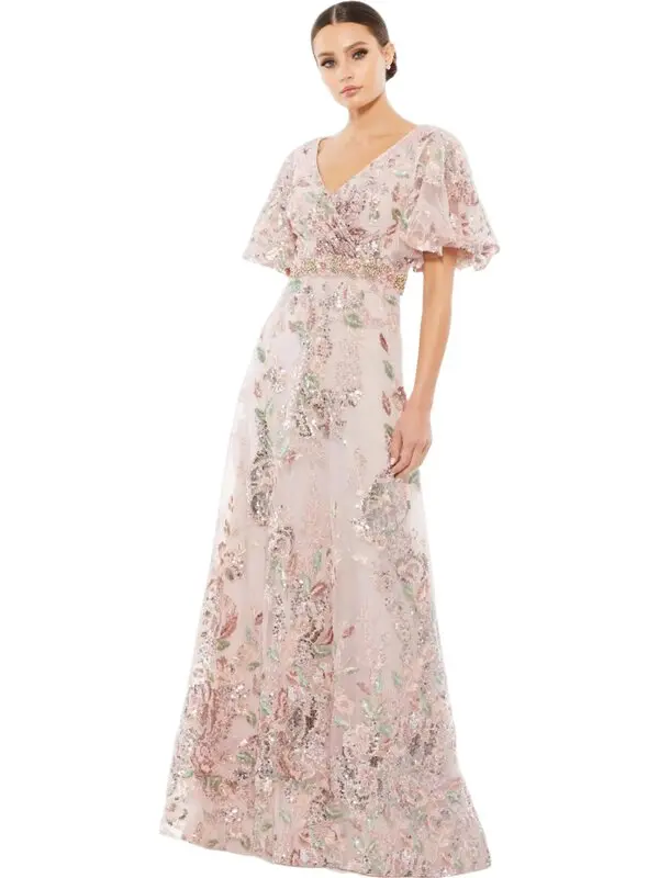 Mac Duggal Floral Embellished Short Sleeve Gown - Pink