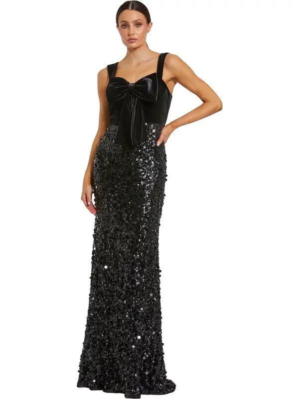 Mac Duggal Sleeveless Sequin Column Gown With Velvet Bow - Black