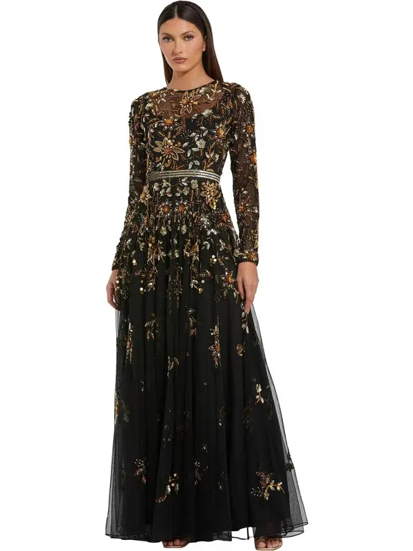 Mac Duggal Hand-embellished Long Sleeve A-line Gown - Black Gold