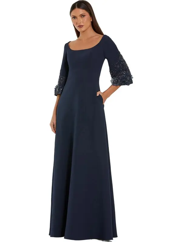 Mac Duggal Crepe Gown With Floral Embellished Sleeves - Midnight