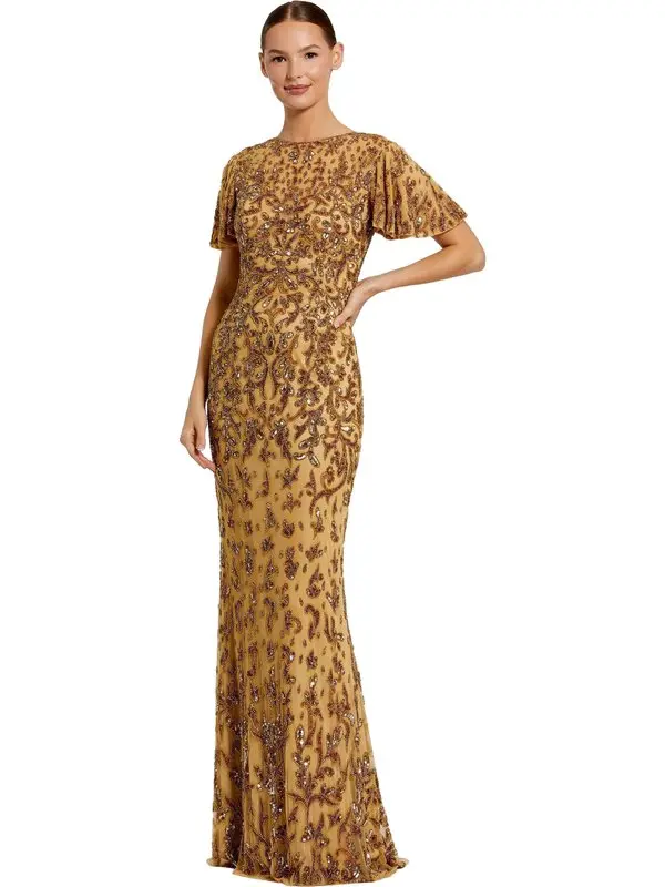 Mac Duggal Embellished High Neck Flutter Sleeve Gown - Nude Gold