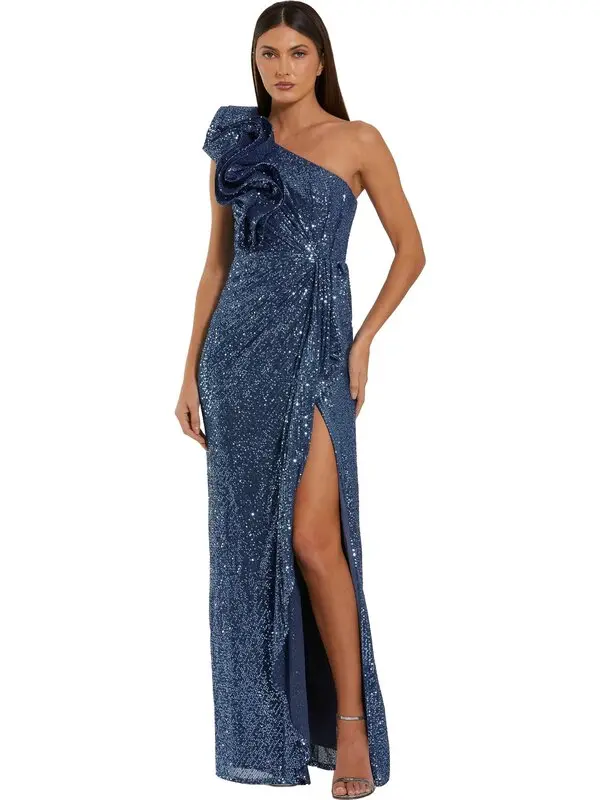 Mac Duggal One Shoulder Sequin Gown With Ruffle Detail - Blue