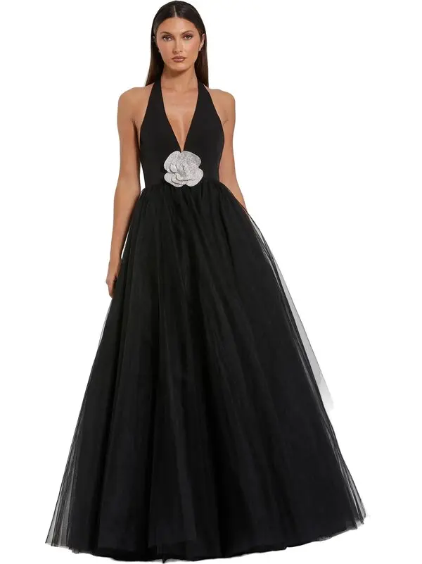Mac Duggal Halter Neck A-line Gown With Rhinestone Embellishment - Black