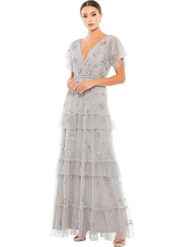 Mac Duggal Ruffle Tiered Embellished Flutter Sleeve Gown - Platinum