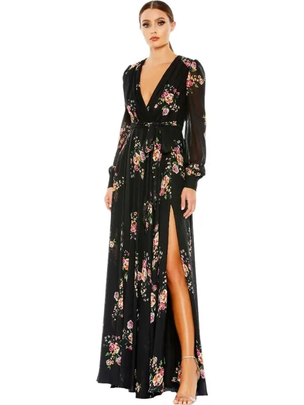 Mac Duggal Floral-printed Chiffon Long Sleeve Gown - Black Multi