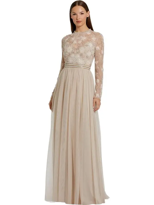 Mac Duggal Embellished Illusion High Neck Gown - Neutral