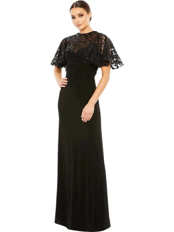 Mac Duggal Embellished Butterfly Sleeve Gown - Black