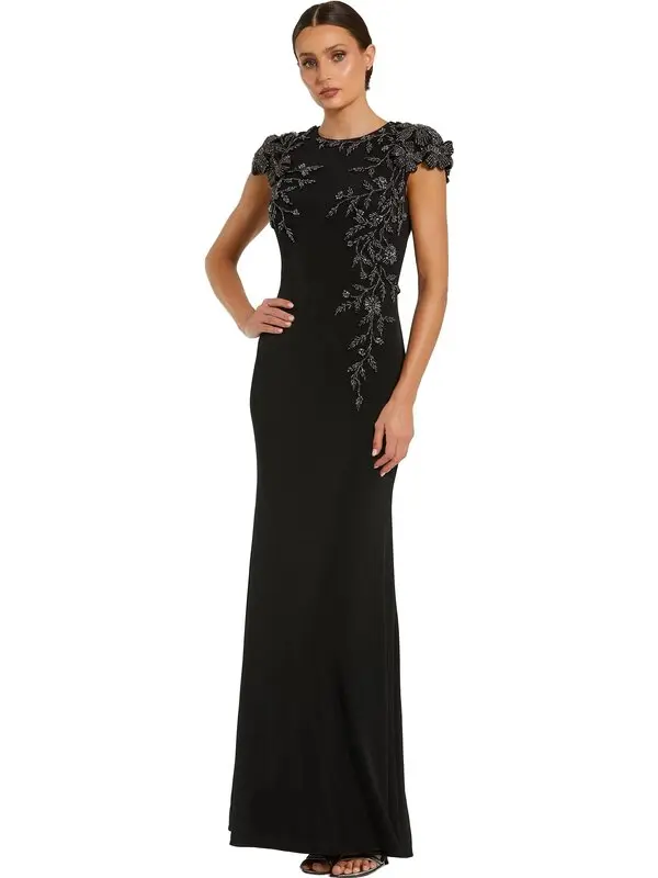 Mac Duggal Beaded Cap Sleeve Jersey Column Gown - Black Multi