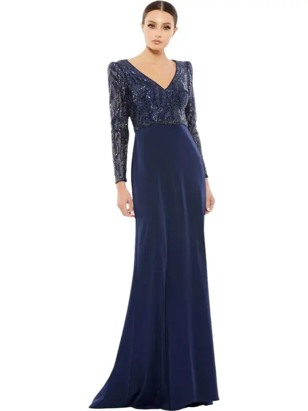 Mac Duggal Embellished Long-sleeve Bodice Column Gown - Midnight