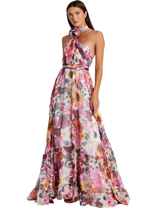 Mac Duggal Asymmetrical Ruffled Halter Gown - White