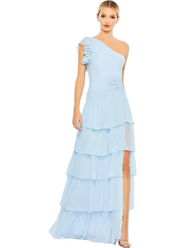 Mac Duggal Ruffle Tiered One-shoulder Gown - Powder Blue