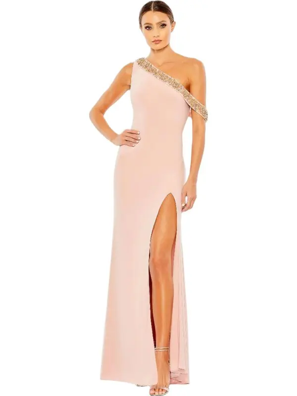 Mac Duggal Beaded Drop Shoulder Jersey Gown - Rose