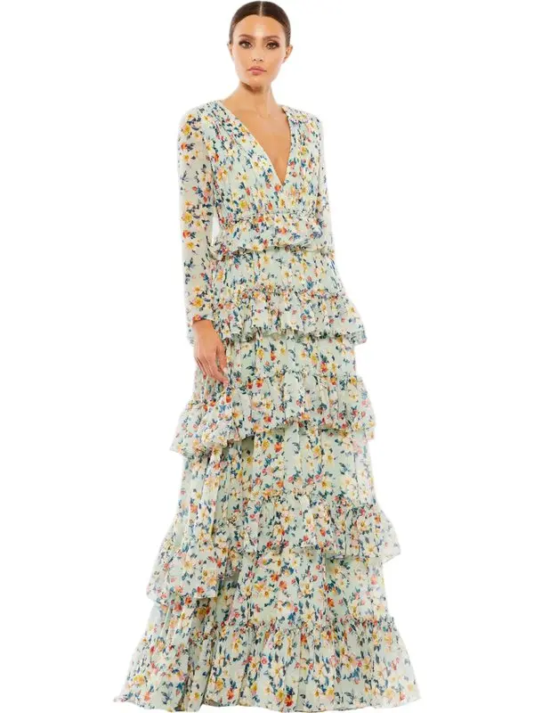 Mac Duggal Floral Printed Tiered Ruffle Long Sleeve Gown - Multi