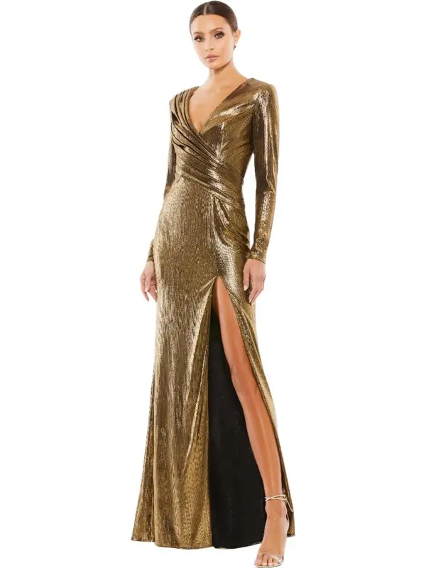 Mac Duggal Metallic Asymmetrical Ruched Gown - Gold