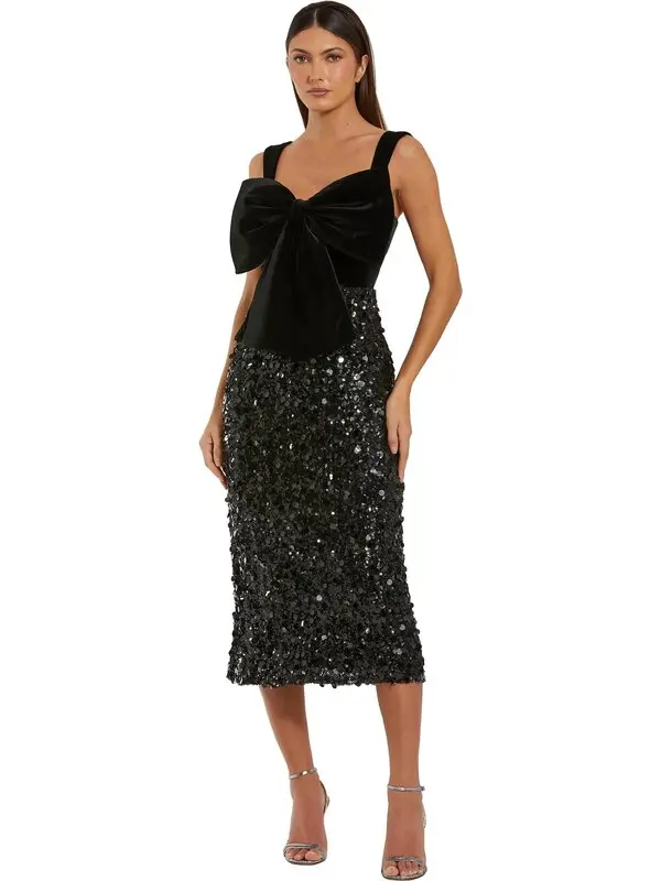 Mac Duggal Sleeveless Sequin Midi Dress With Velvet Bow - Black