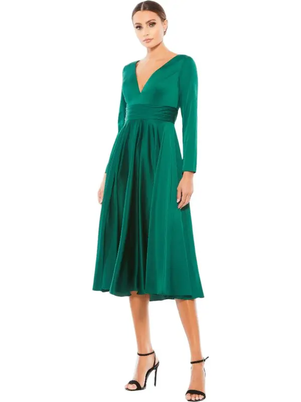 Mac Duggal Satin A-line Midi Dress - Emerald