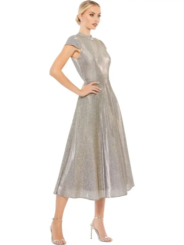Mac Duggal Metallic Tea-length Dress - Silver