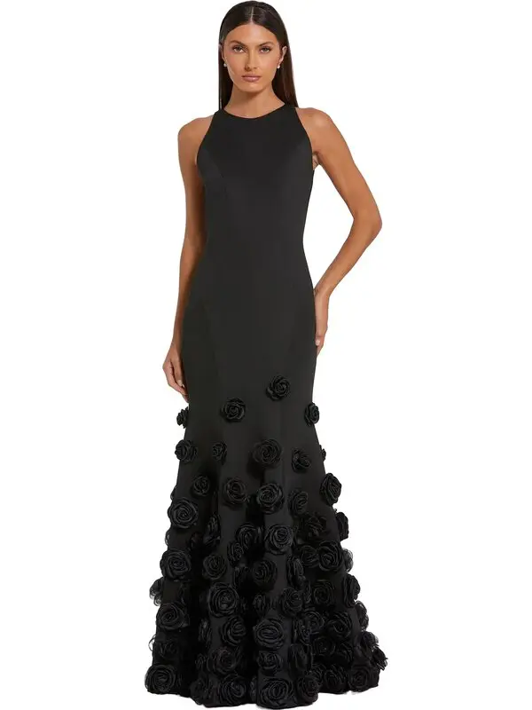Mac Duggal Sleeveless Crepe Mermaid Gown With 3d Floral Hem - Black