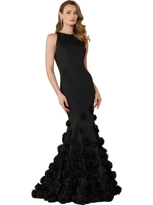 MAC DUGGAL COLLECTION Sleeveless Mermaid Gown With Floral Hem - Black
