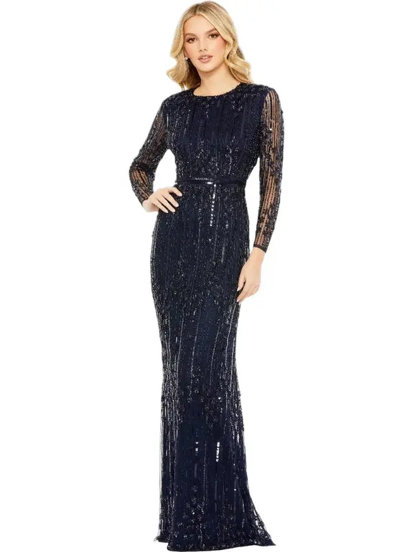 Mac Duggal Embellished Long Sleeve Column Gown - Midnight