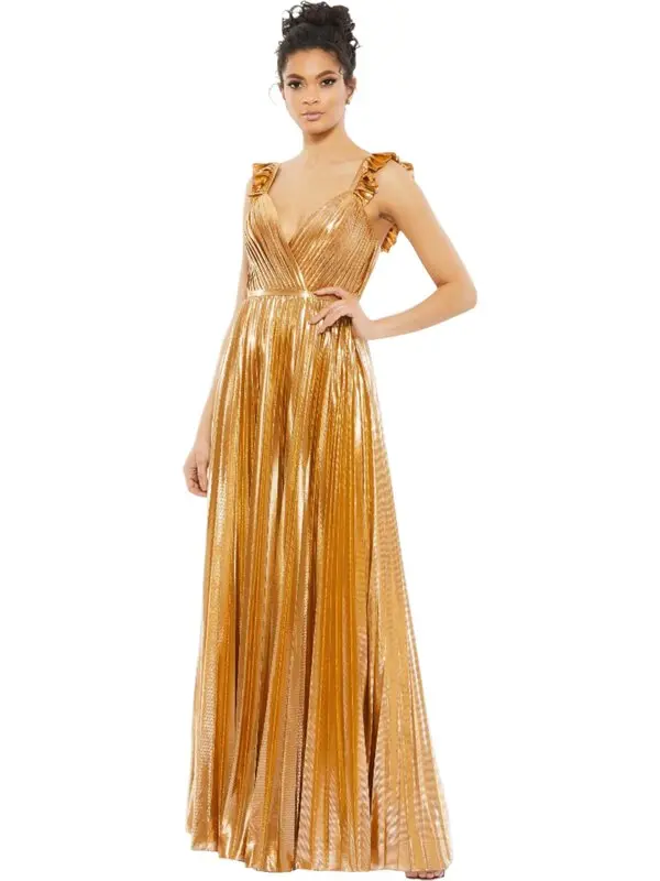 Mac Duggal Pleated Ruffled Sleeveless Gown - Gold