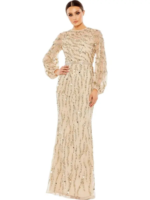 Mac Duggal Embellished High Neck Trumpet Gown - Nude Gold