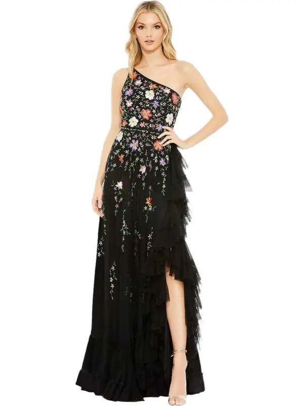 Mac Duggal Embellished One-shoulder Asymmetrical Gown - Black Multi
