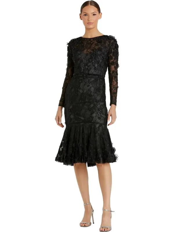 Mac Duggal Floral Appliqué Long Sleeve Cocktail Dress - Black