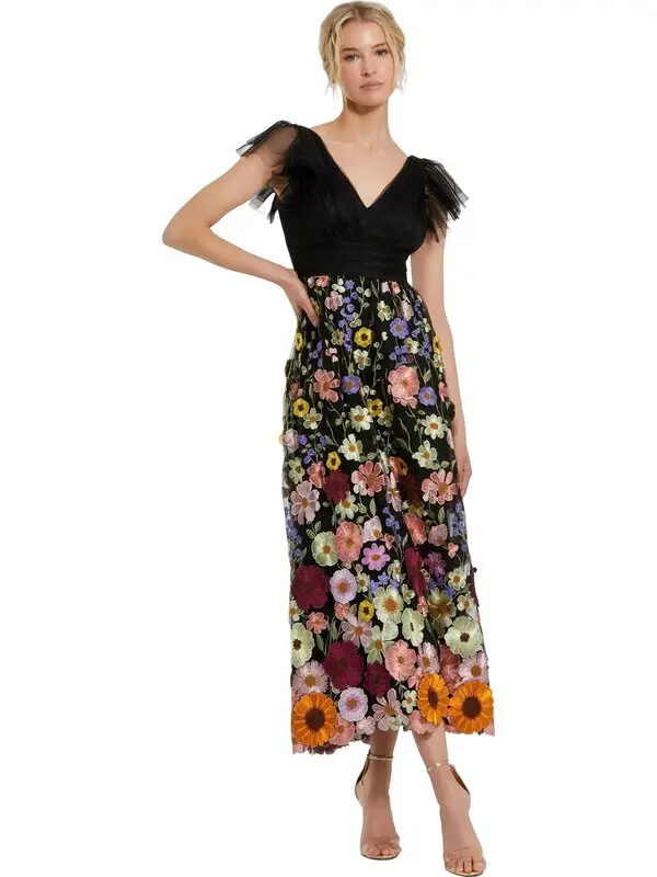 Mac Duggal Embroidered Flutter Sleeve Floral Dress - Black Multi