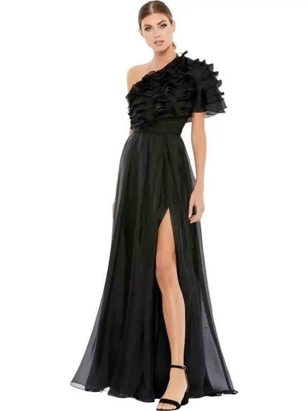 Mac Duggal Ruffle Layered One-shoulder Gown - Black