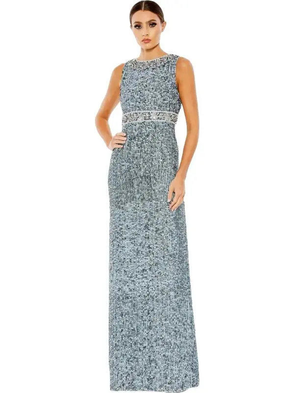 Mac Duggal Sleeveless Embellished Sequin Column Gown - Slate Blue