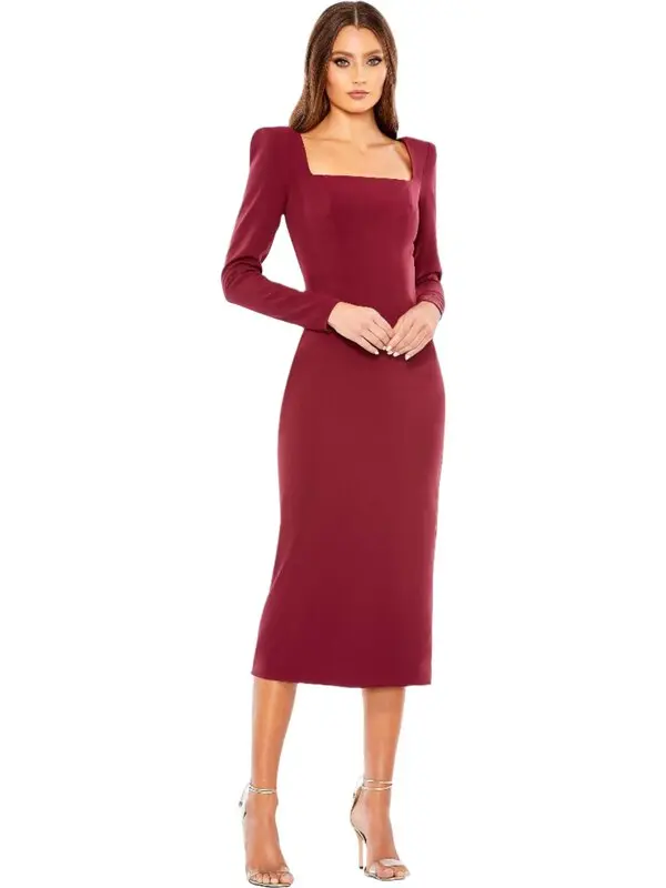 Mac Duggal Crepe Midi Dress With Puff Shoulders - Wine