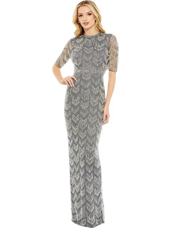 Mac Duggal Beaded Fringe Quarter Sleeve Column Gown - Charcoal