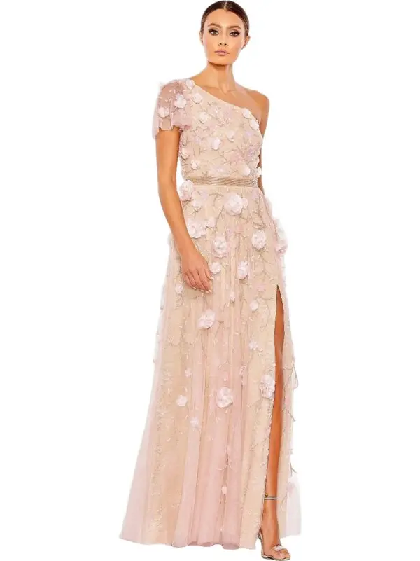 Mac Duggal Floral Embellished One Shoulder Gown - Blush Gold