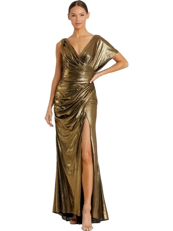 Mac Duggal Asymmetrical Draped Metallic Trumpet Gown - Antique Gold