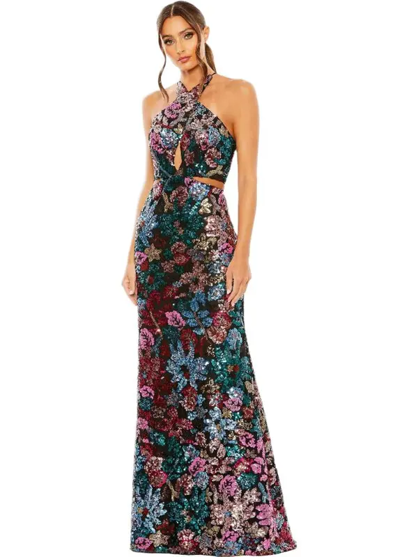 Mac Duggal Sequin Embellished Cross Neck Gown - Black Multi