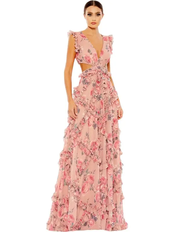 Mac Duggal Floral-printed Chiffon V-neck Gown - Rose Multi