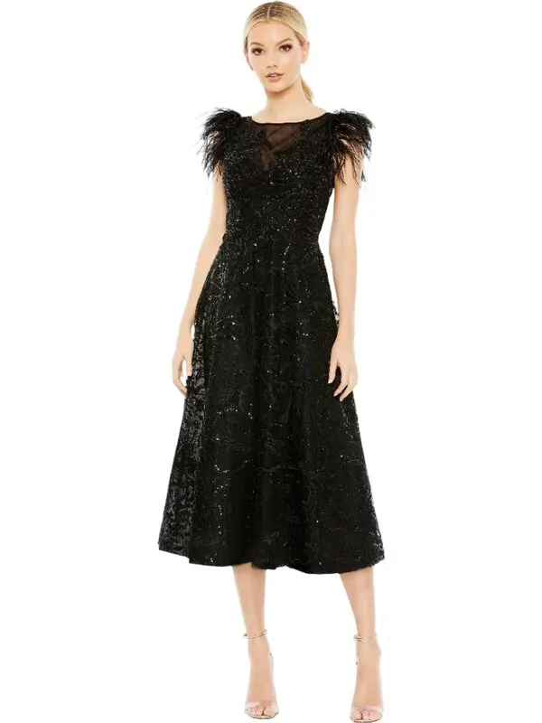 Mac Duggal Feather Shoulder Embellished Dress - Black