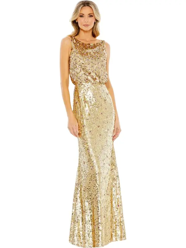Mac Duggal Sequined High Neck Gown - Gold