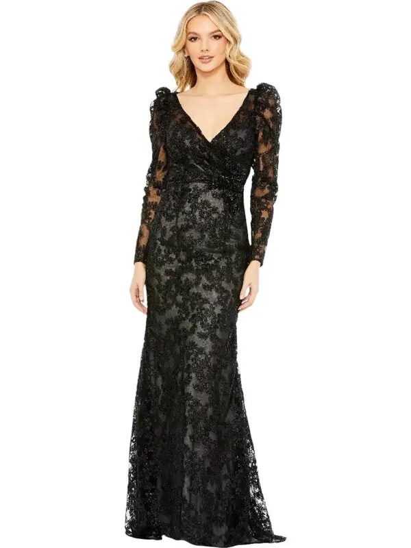 Mac Duggal Embroidered Illusion Sleeve Gown - Black