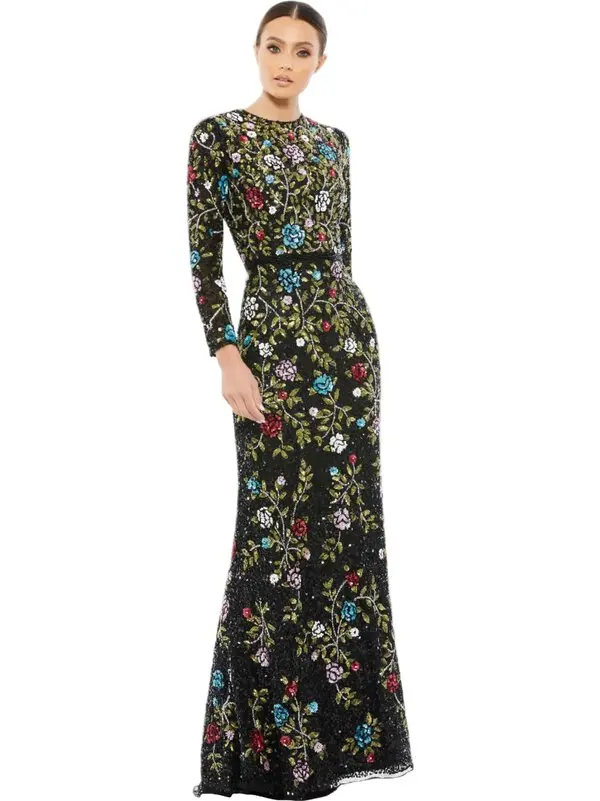 Mac Duggal Floral-embellished Long Sleeve Gown - Black Multi