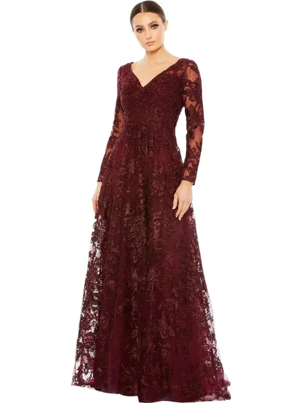 Mac Duggal Embroidered Illusion Long Sleeve V Neck Gown - Mahogany