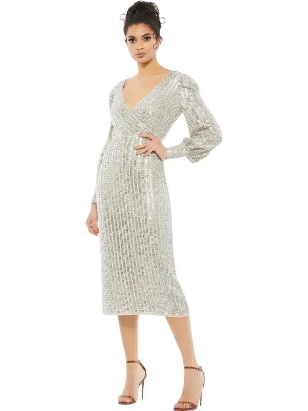 Mac Duggal Sequin Long Sleeve Midi Dress - Silver