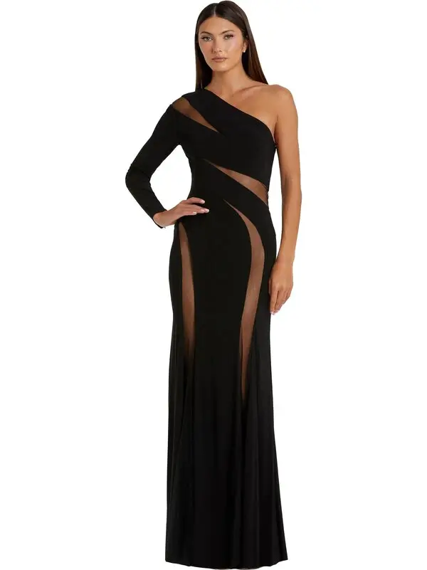 Mac Duggal Jersey One-shoulder Illusion Cut-out Gown - Black